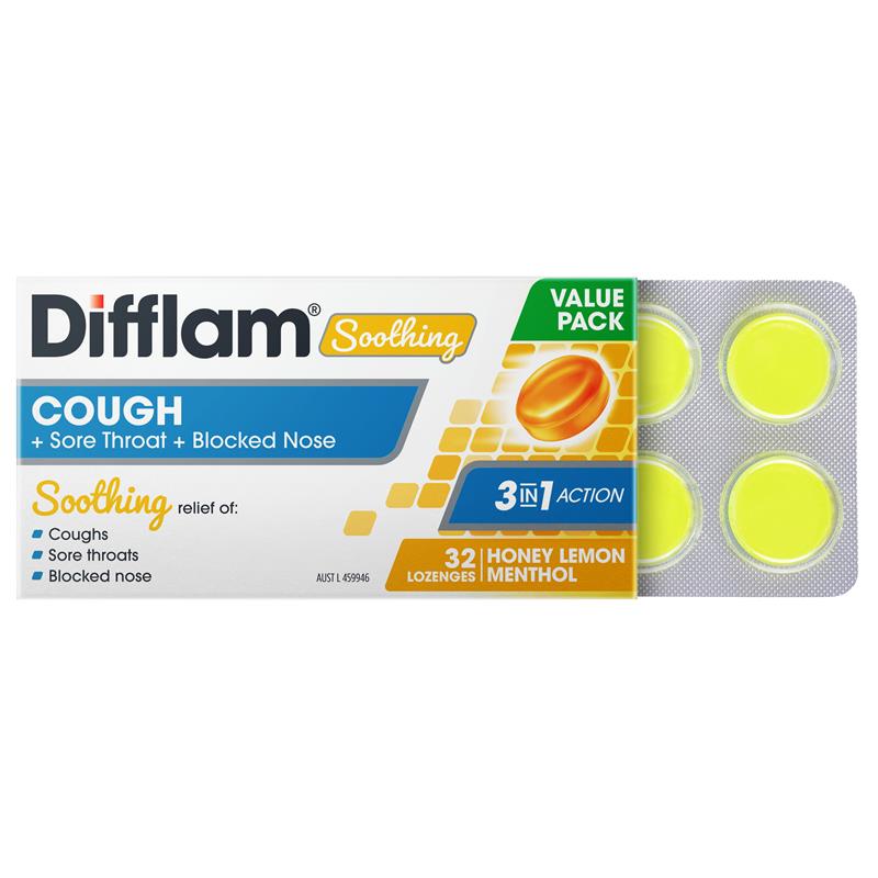 Difflam Soothing Cough + Sore Throat + Blocked Nose Honey Lemon 32 Lozenges